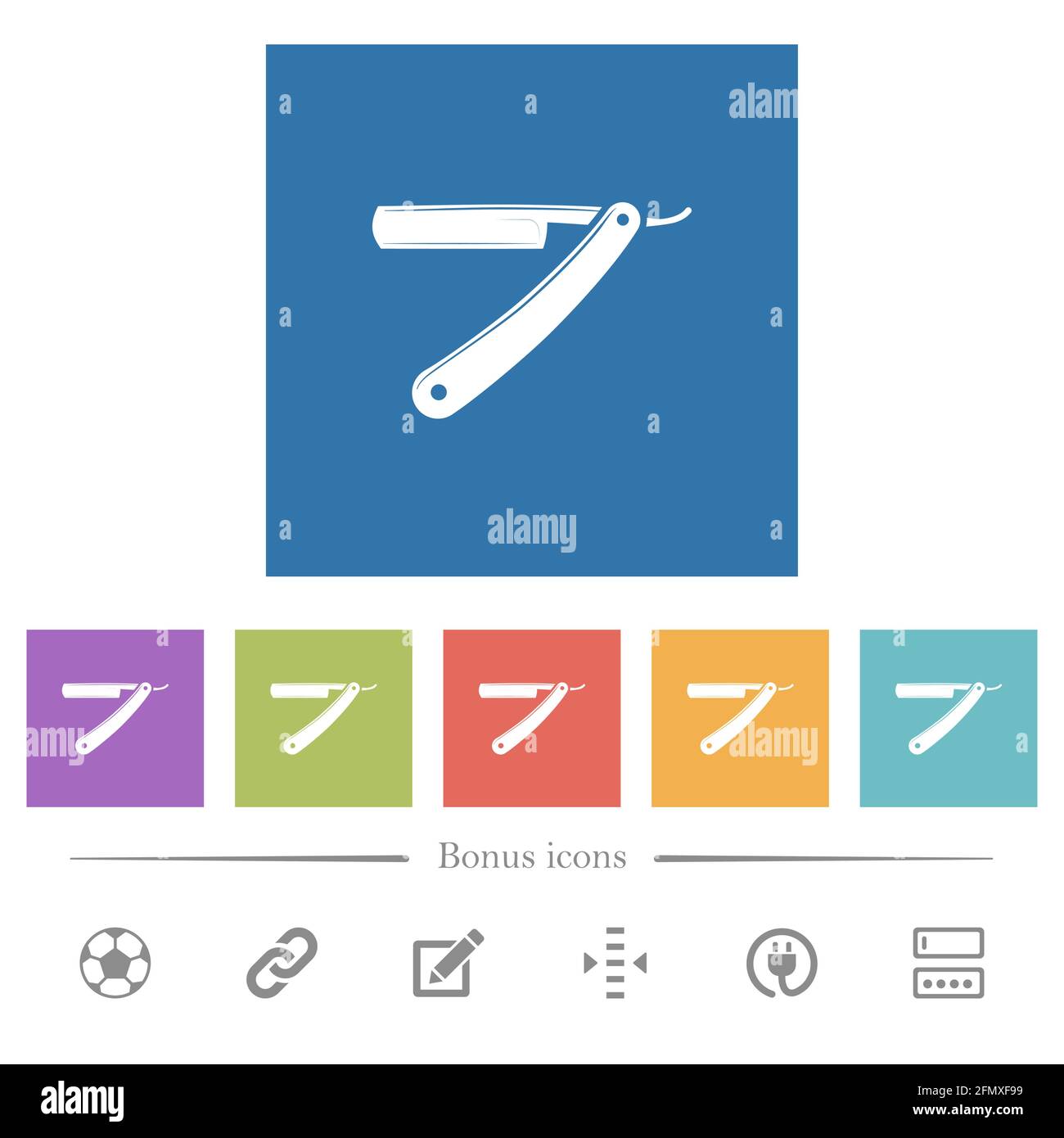 Straight razor flat white icons in square backgrounds. 6 bonus icons ...