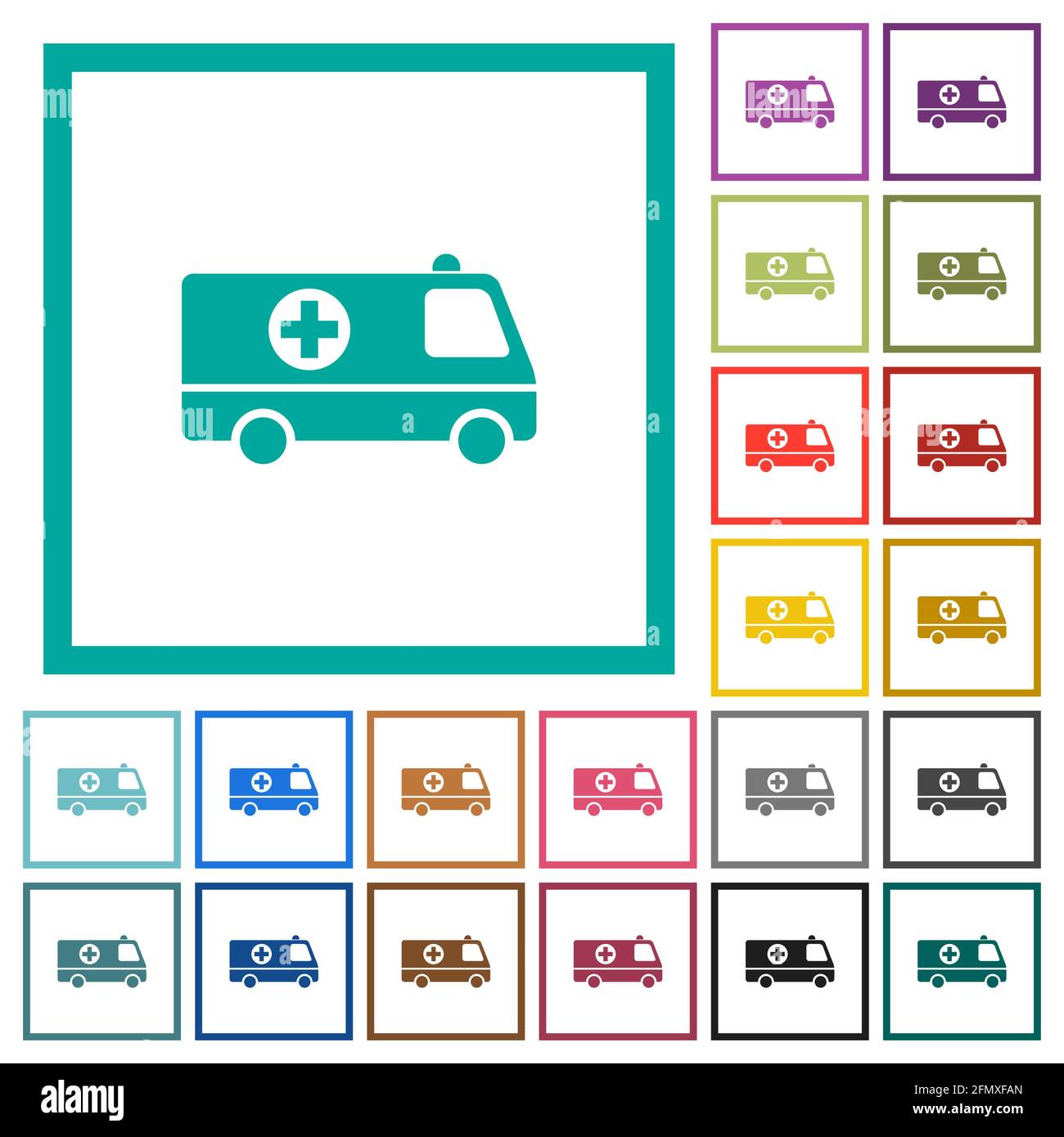 Ambulance flat color icons with quadrant frames on white background ...