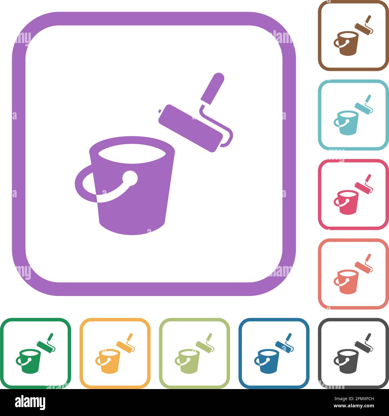 Paint bucket and paint roller simple icons in color rounded square ...