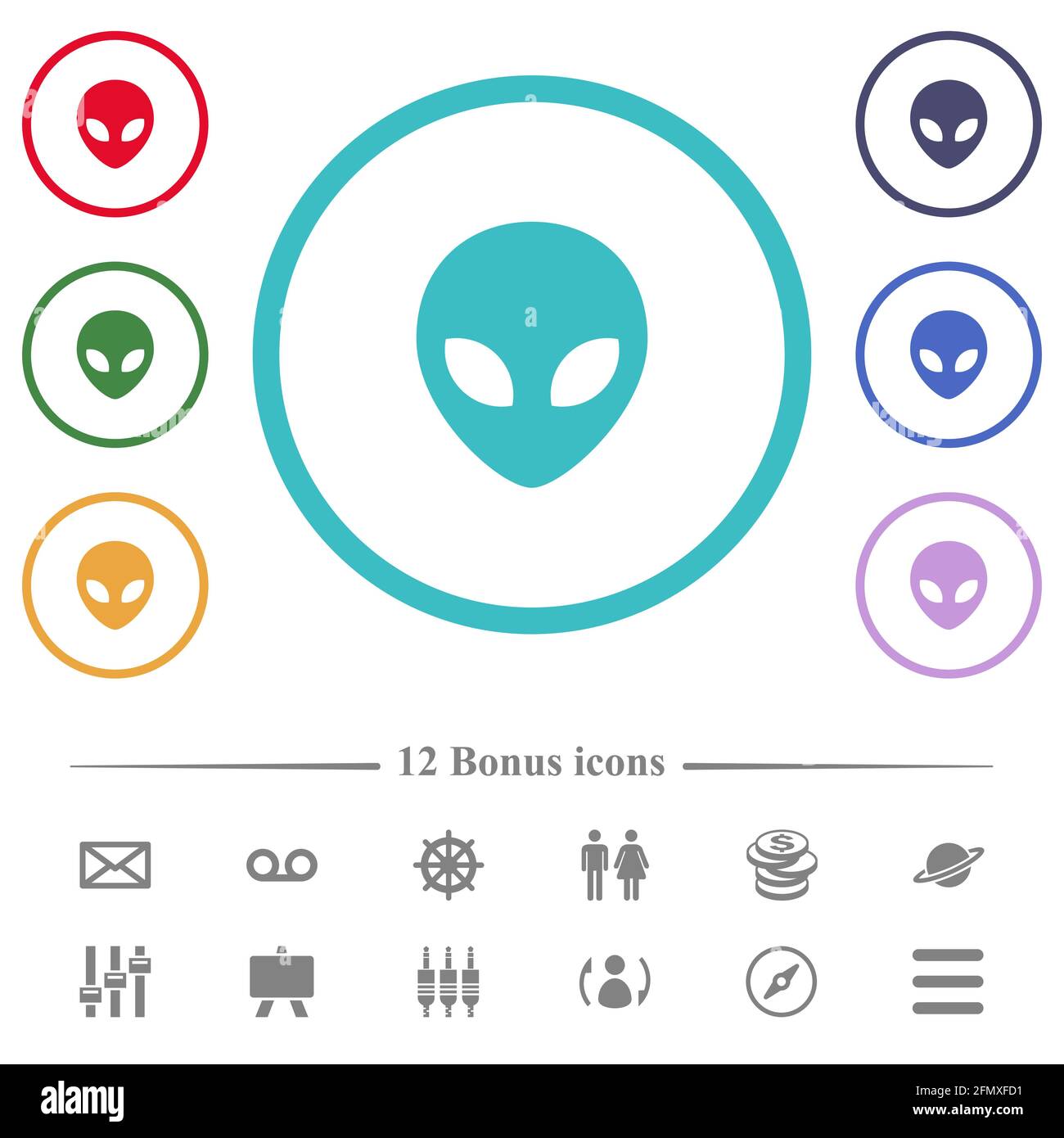 Alien head flat color icons in circle shape outlines. 12 bonus icons ...