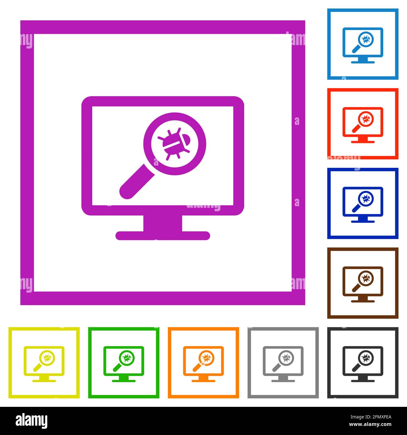 Virus scanning on computer flat color icons in square frames on white ...