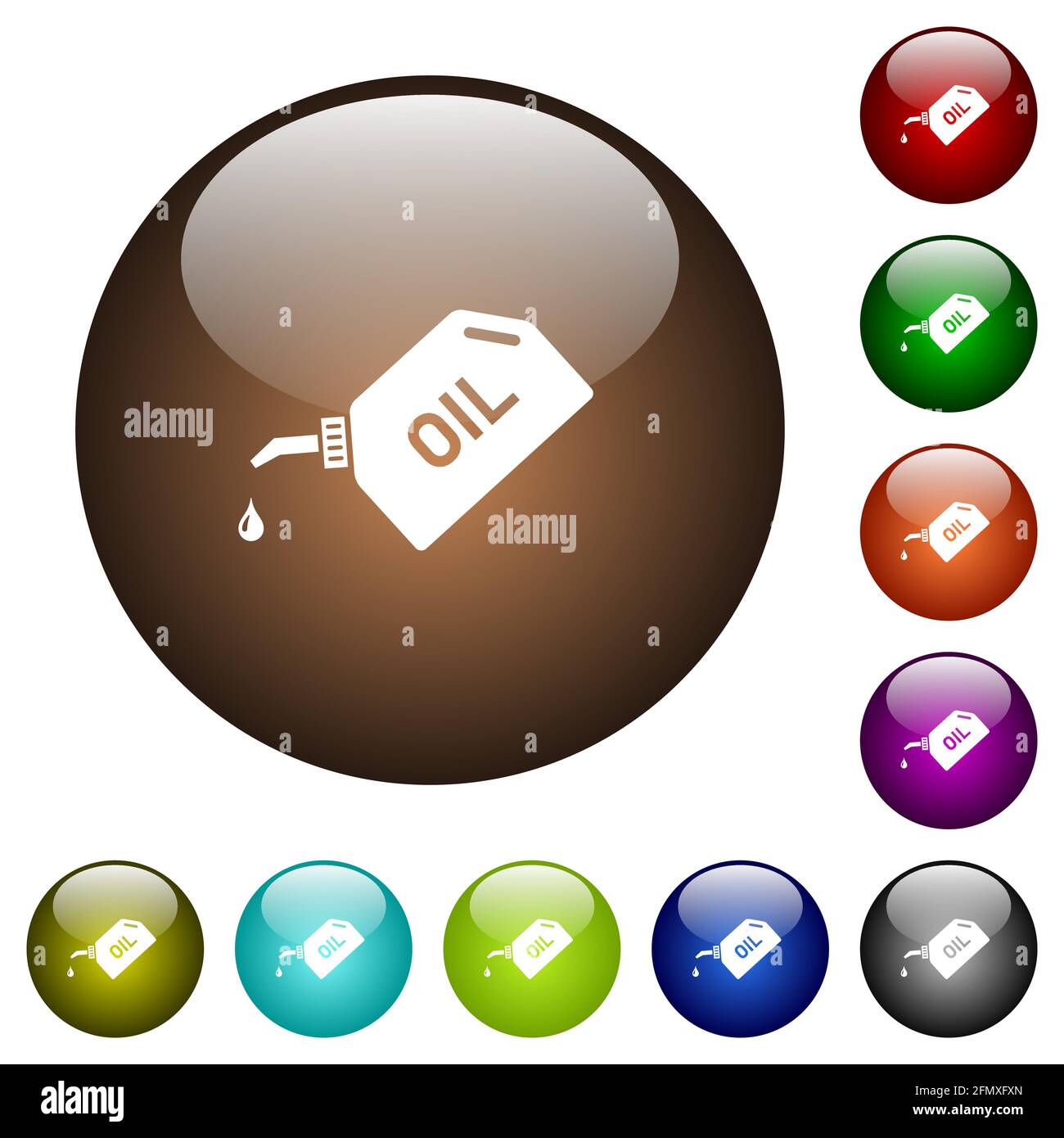 Oiler with oil drop white icons on round glass buttons in multiple ...