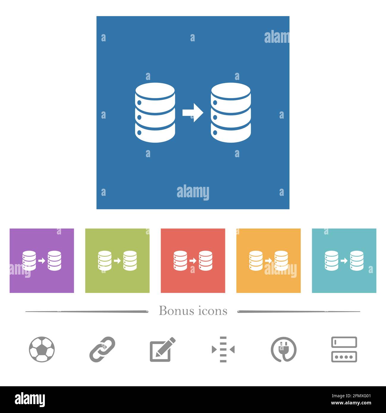 Database mirroring flat white icons in square backgrounds. 6 bonus ...