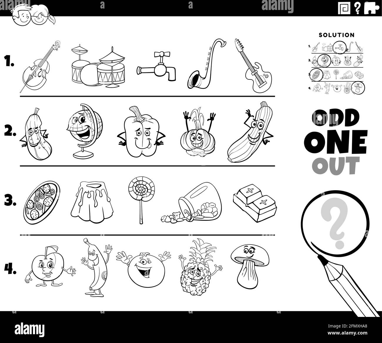 Black and White cartoon illustration of odd one out picture in a row ...