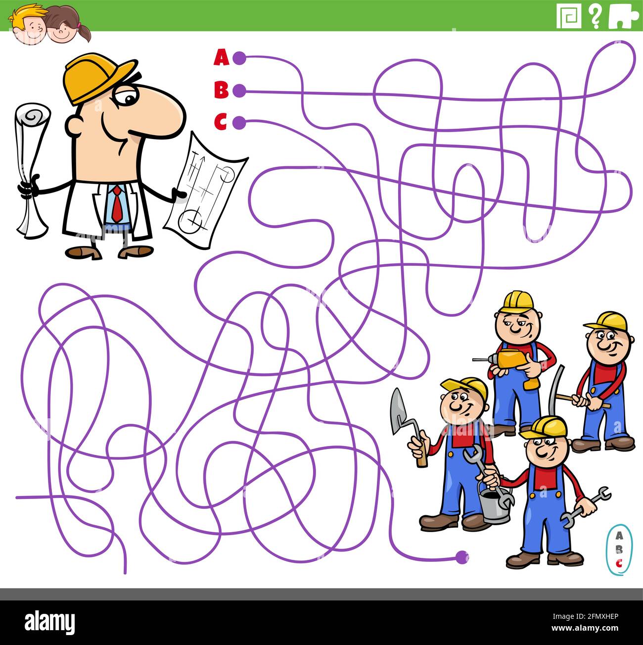 Cartoon illustration of lines maze puzzle game with architect or ...