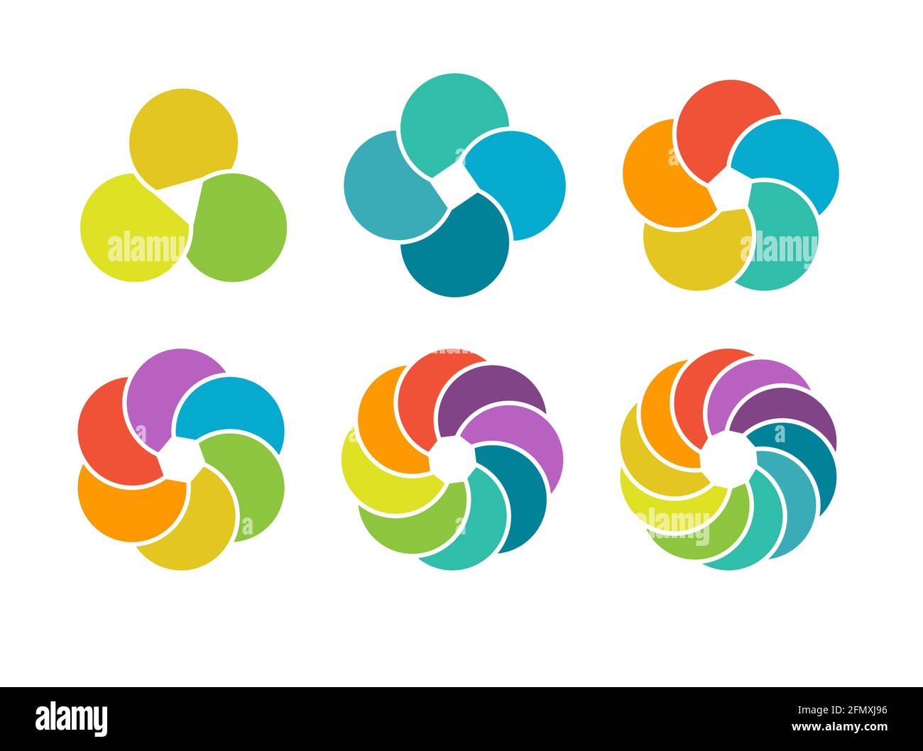 set of color pie charts of 3, 4, 5, 6, 8, and 10 parts or elements for ...