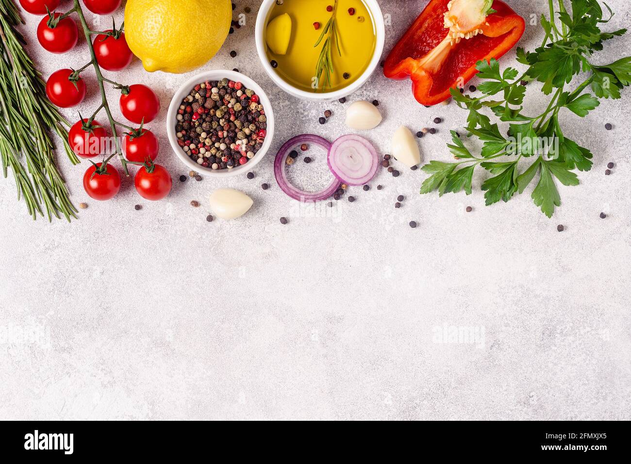 Herbs and condiments on light stone background. Top view with copy ...