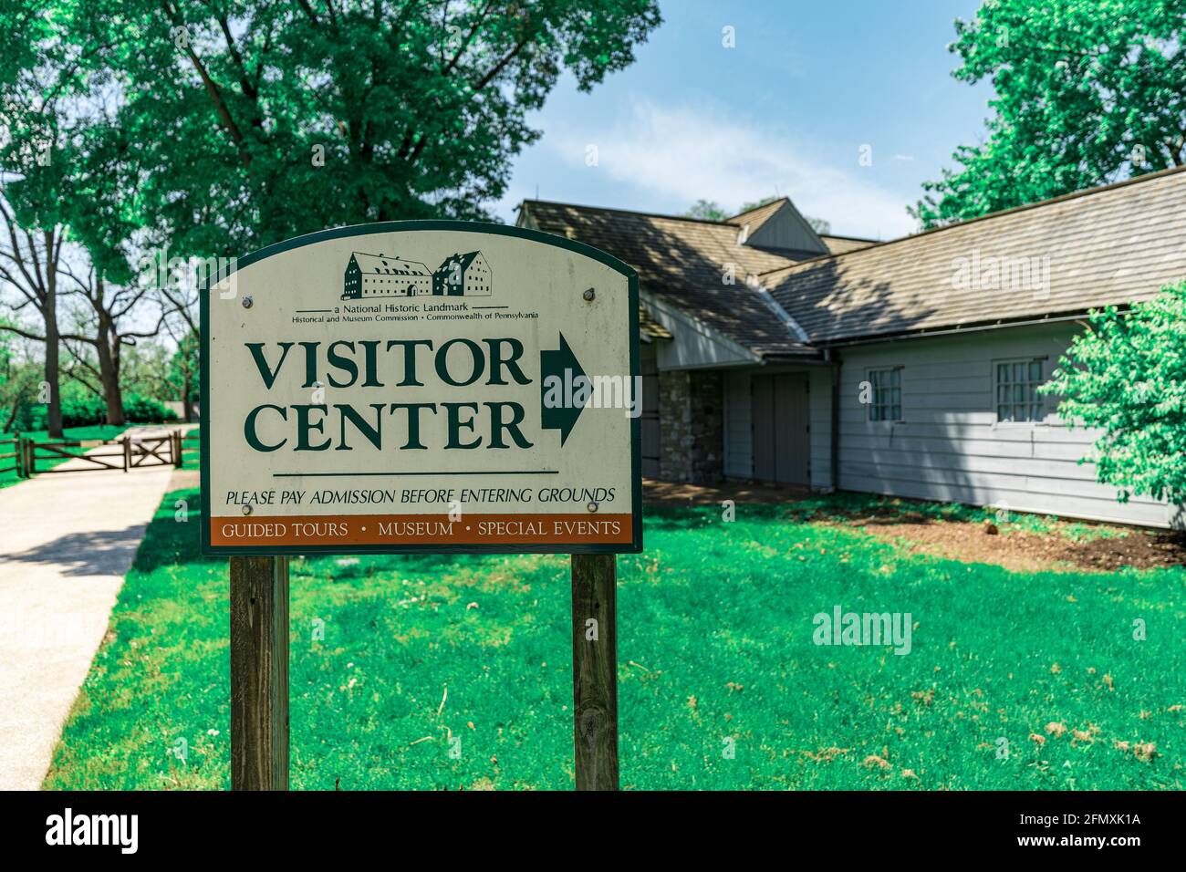 Ephrata, PA, USA - May 11, 2021: A sign at the Visitors Center at the ...