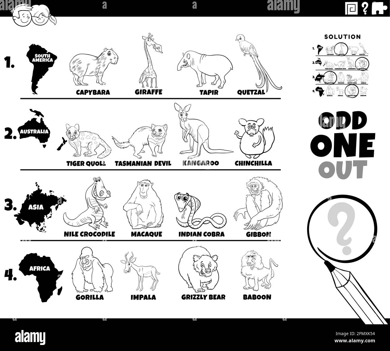 Black and white cartoon illustration of odd one out picture in a row ...