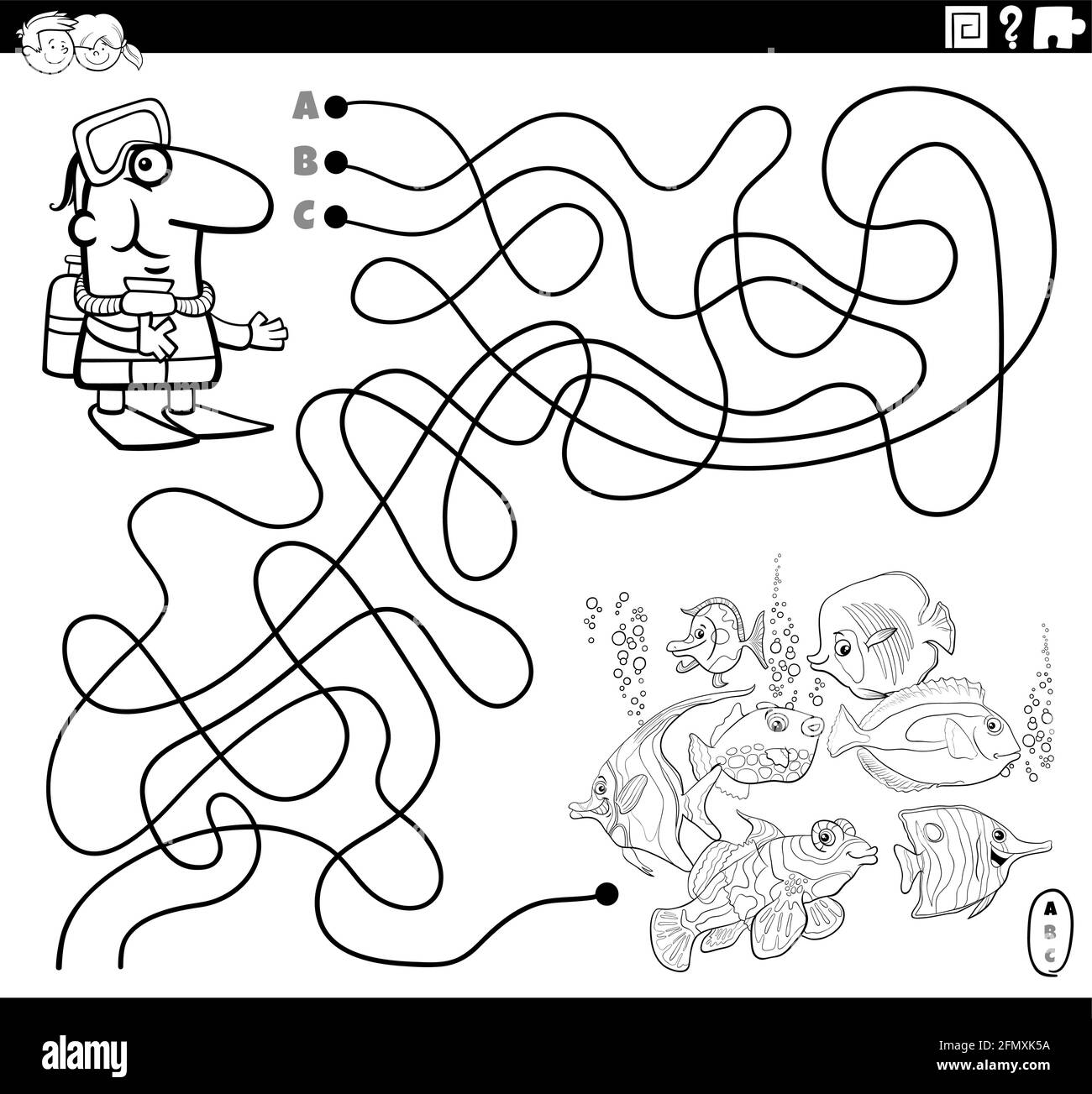 Black and white cartoon illustration of lines maze puzzle game with ...