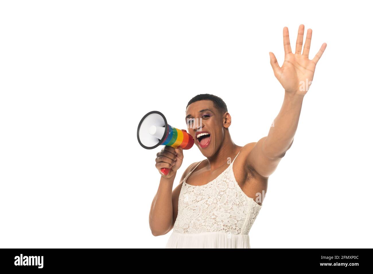 african american transgender man waving hand while screaming in ...