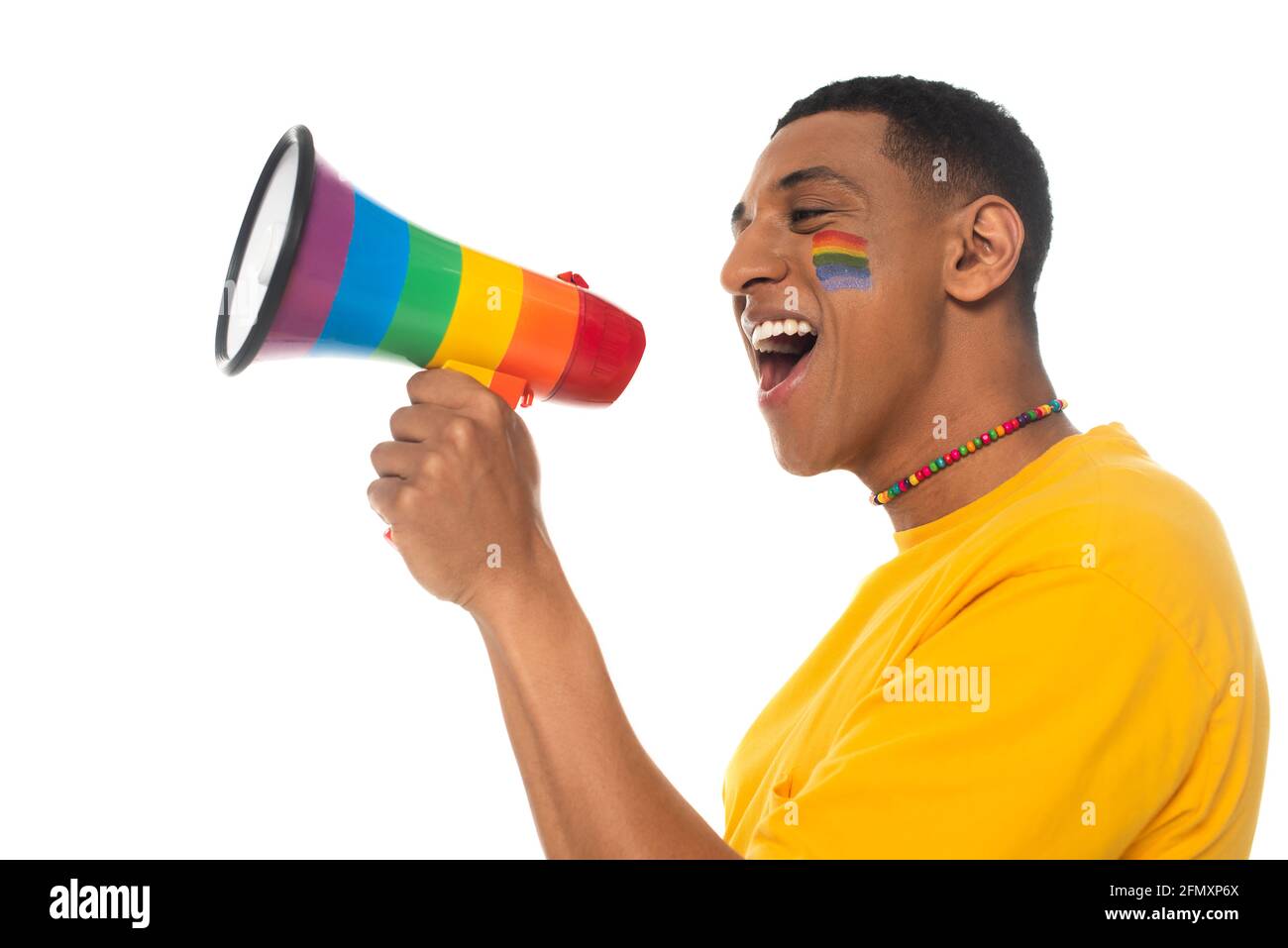 african american man with lgbt flag painted on face screaming in ...