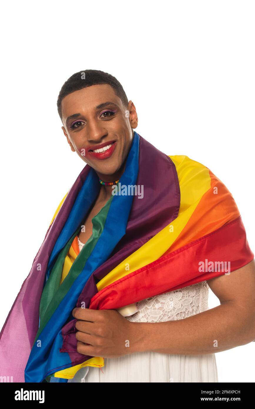cheerful african american transgender man with makeup, covered with ...