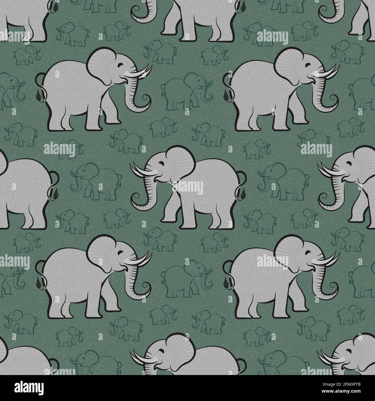 Seamless repeating pattern. Animals, stylized happy elephant on mossy ...