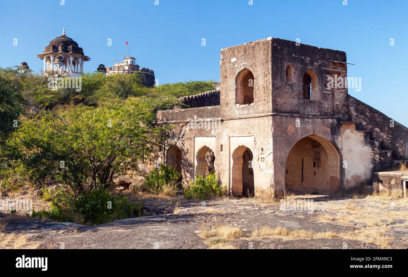 Detail of upper part of Taragarh fort in Bundi town, typical medieval ...