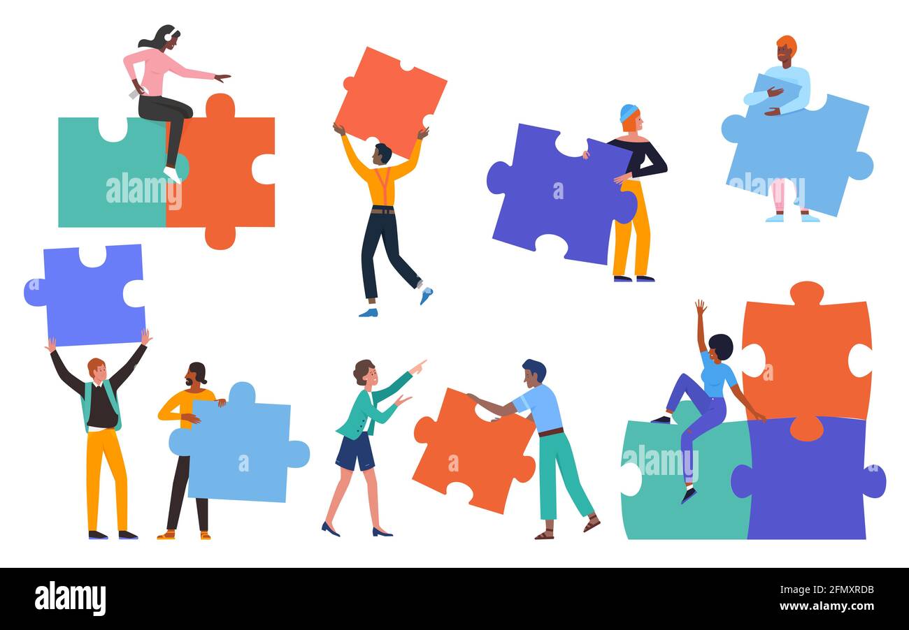 People building creative puzzle concept vector illustration. Cartoon ...