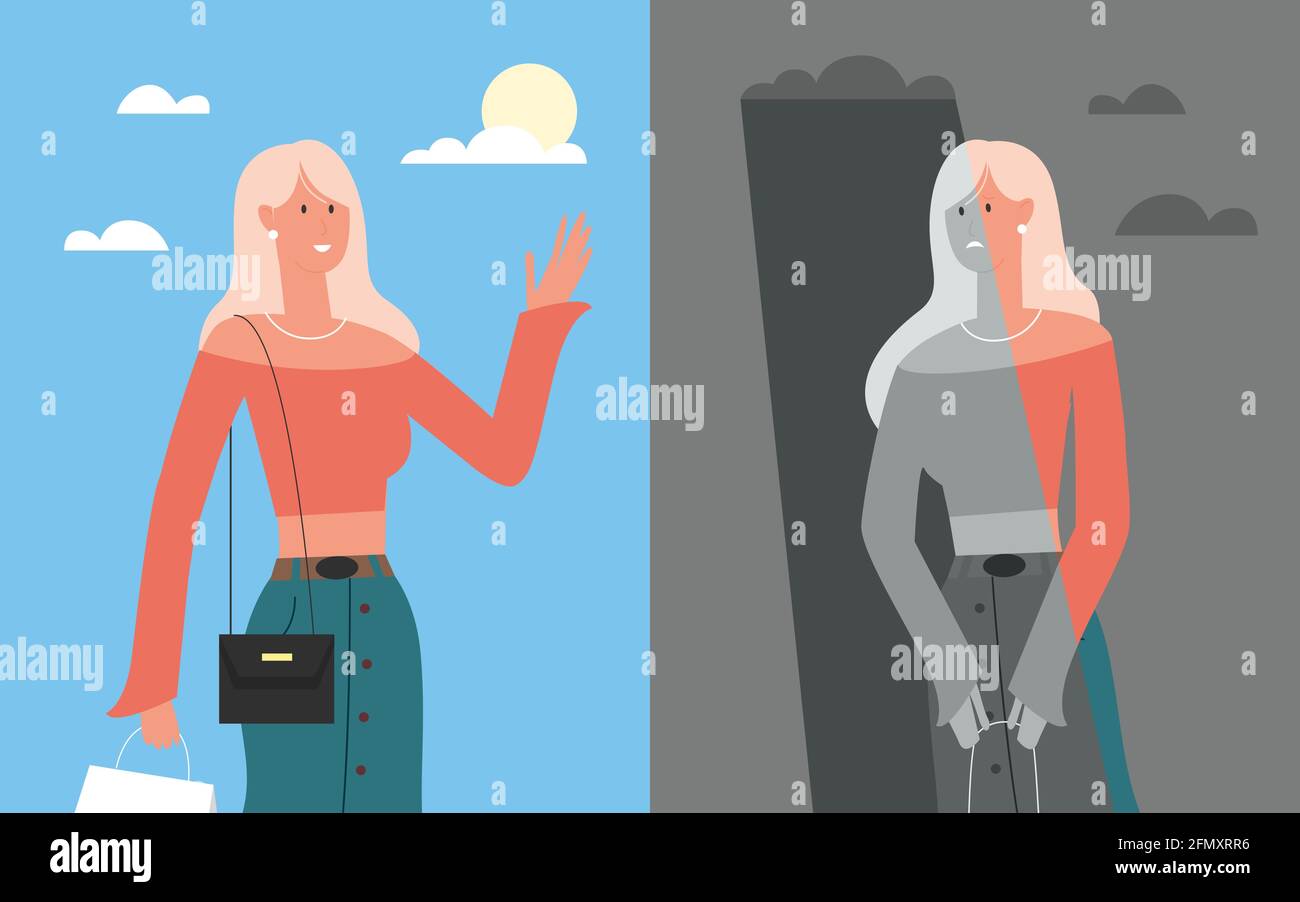 Young woman with happy or bad mood vector illustration. Cartoon sad ...