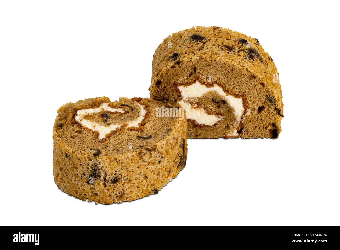 Side view of prune sponge cake roll isolated on white background with ...