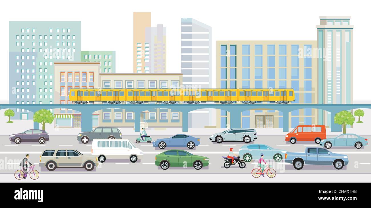 Big city with road transport and metro, in front of buildings ...