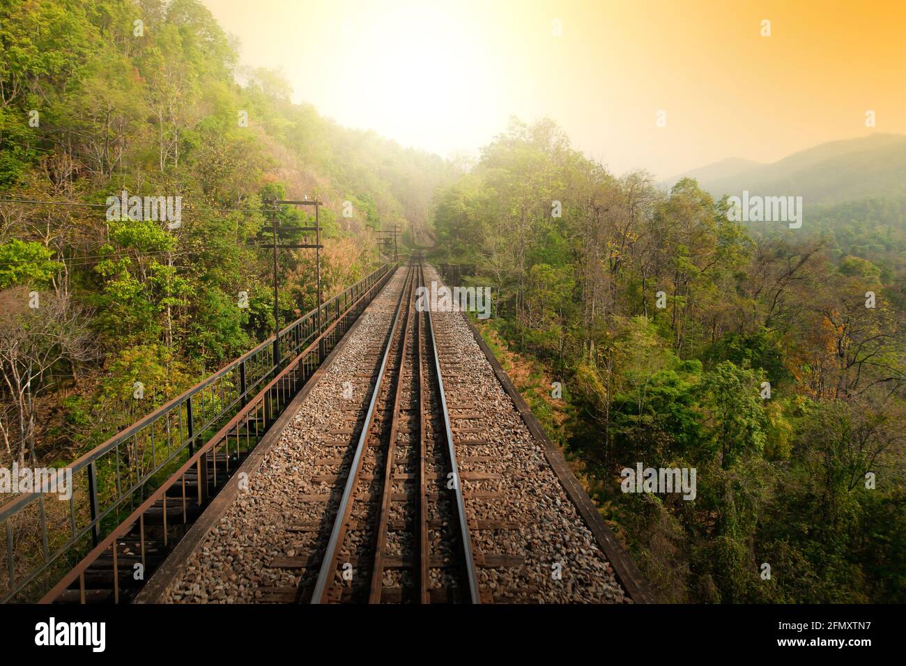 An empty railroad passing ancient steel bridge over a gorge surrounded ...