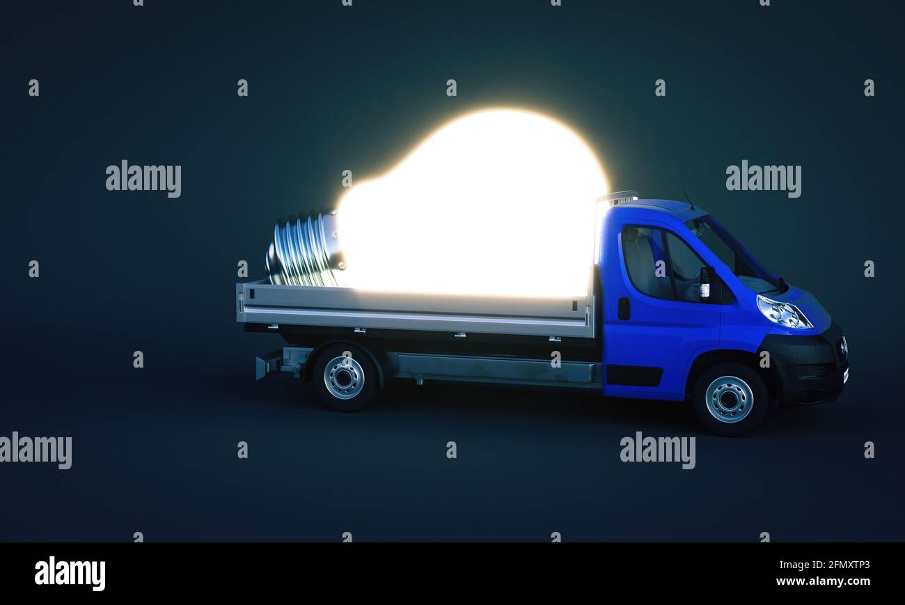 truck carries a large lighted and luminescent light bulb. concept of ...