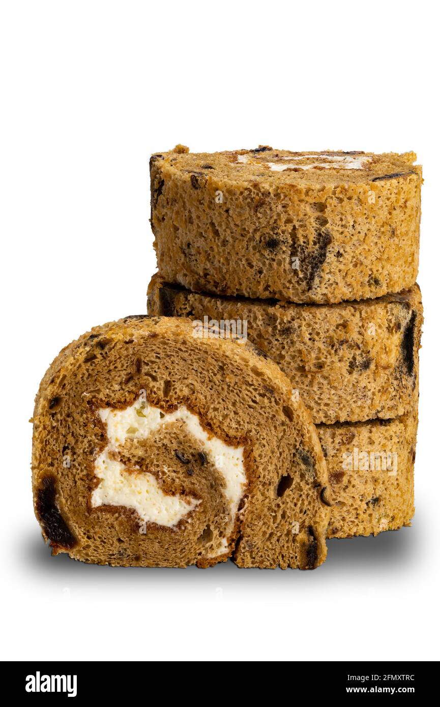 Closeup view stack of prune sponge cake roll isolated on white ...