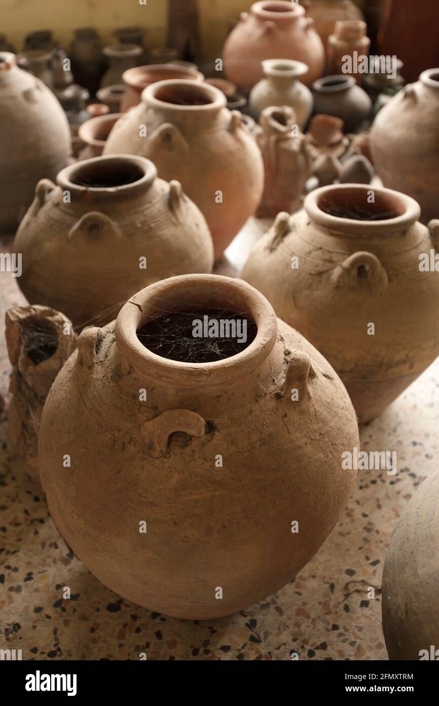Top view a group of ancient pottery vessel are display at the local ...
