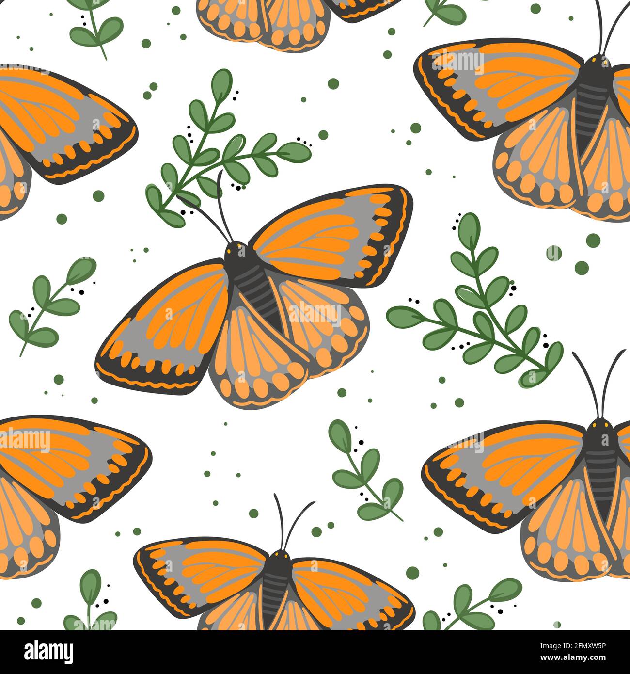 Pattern with butterflies. Vector. Monarch butterflies with leaves ...