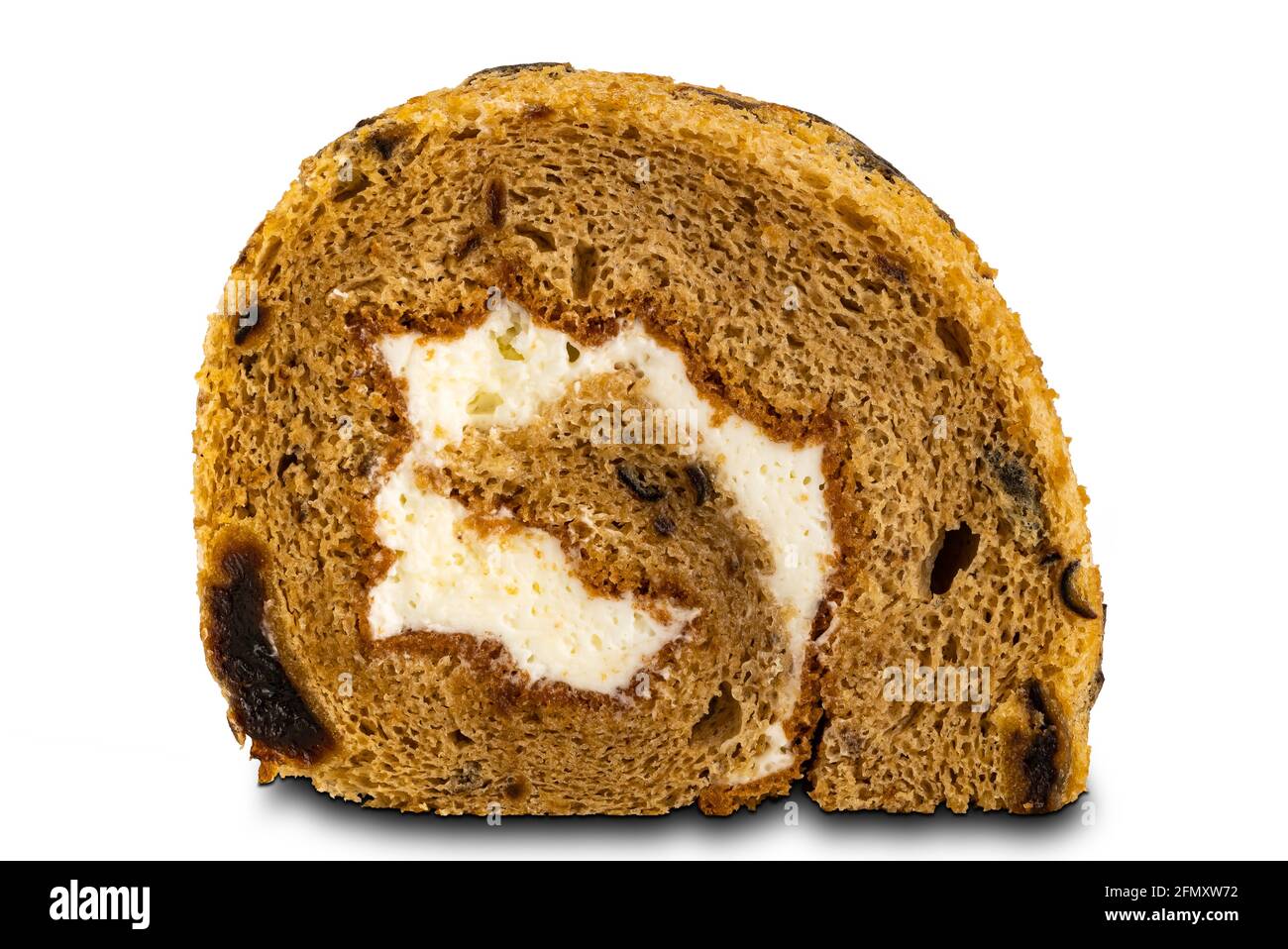 Closeup of single homemade sliced prune sponge cake roll isolated on ...