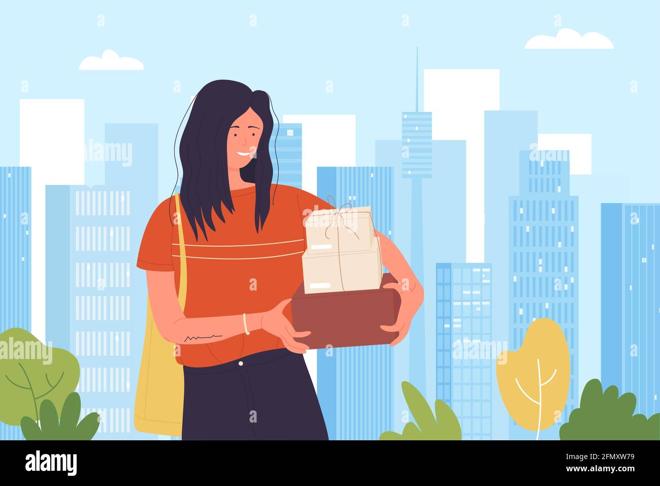 Happy girl with purchase boxes after shopping, discount sales in shop ...