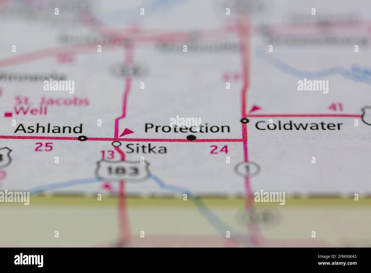 Protection Kansas USA shown on a Geography map or Road Map Stock Photo ...