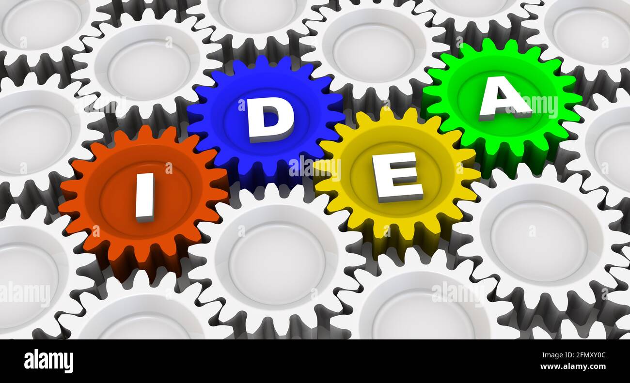 IDEA. Word on the gears. The word IDEA is made up of multi-colored ...