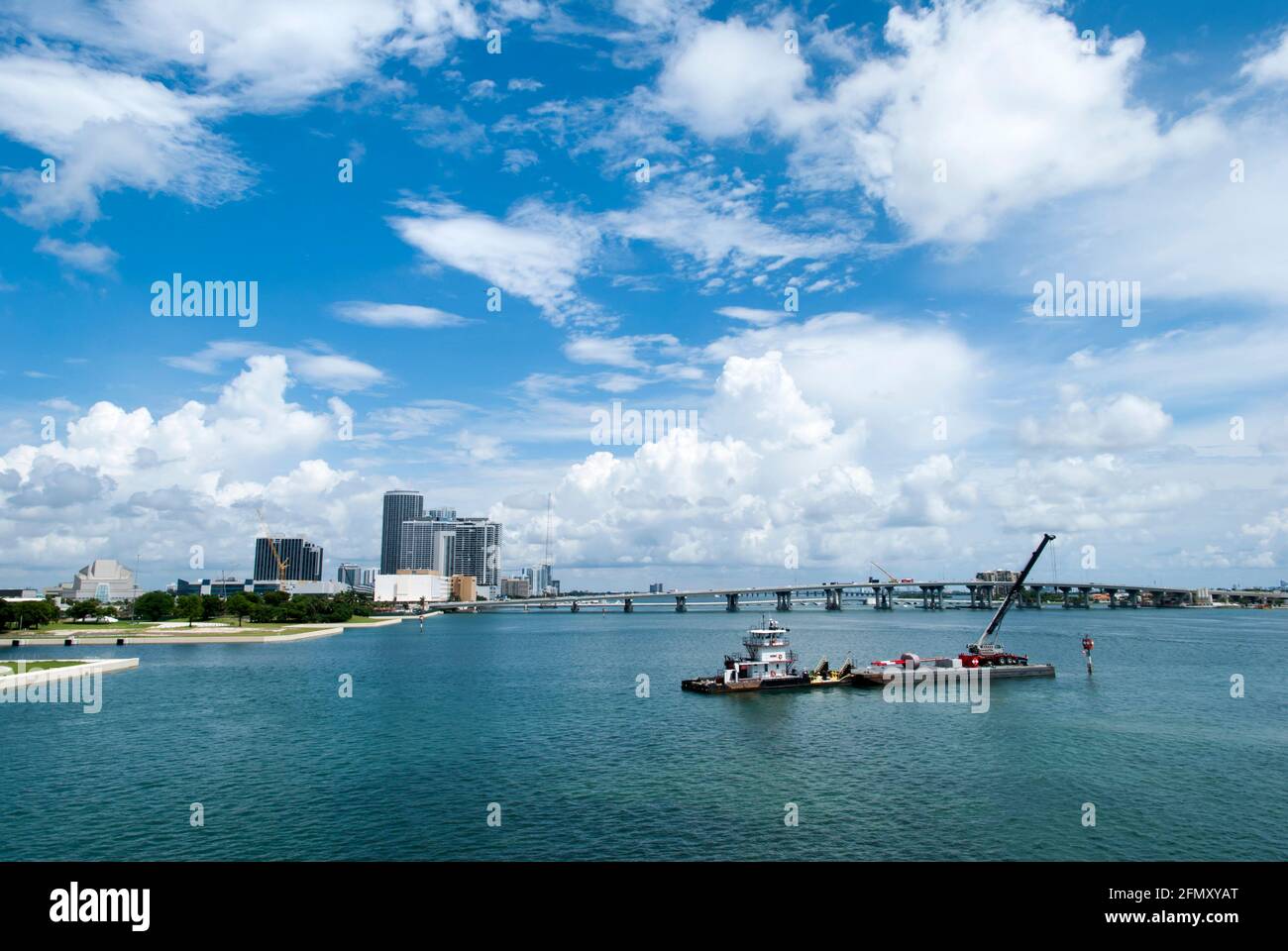The view of a construction platform with a crane drifting in Miami ...