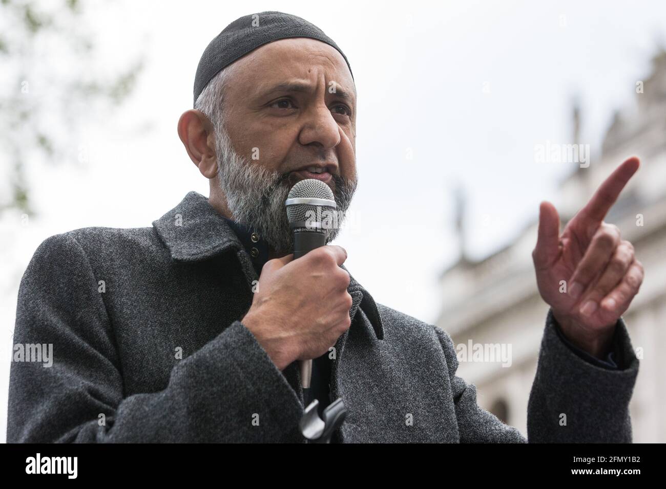 London, UK. 11th May, 2021. Ismail Patel, Chair of Al Aqsa, addresses ...