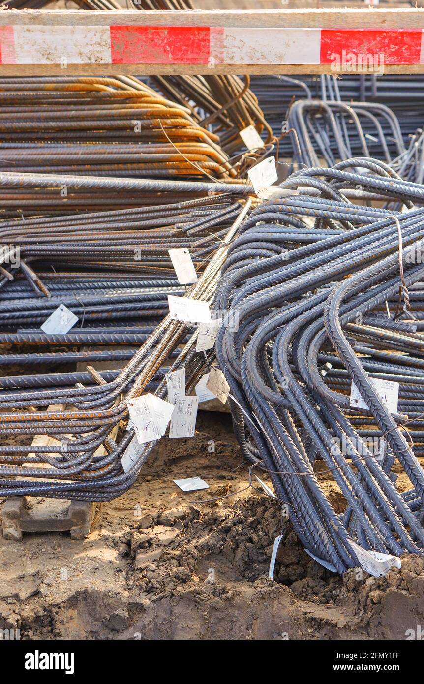 POZNAN, POLAND - Apr 08, 2016: Stacked and bounded metal material on a ...