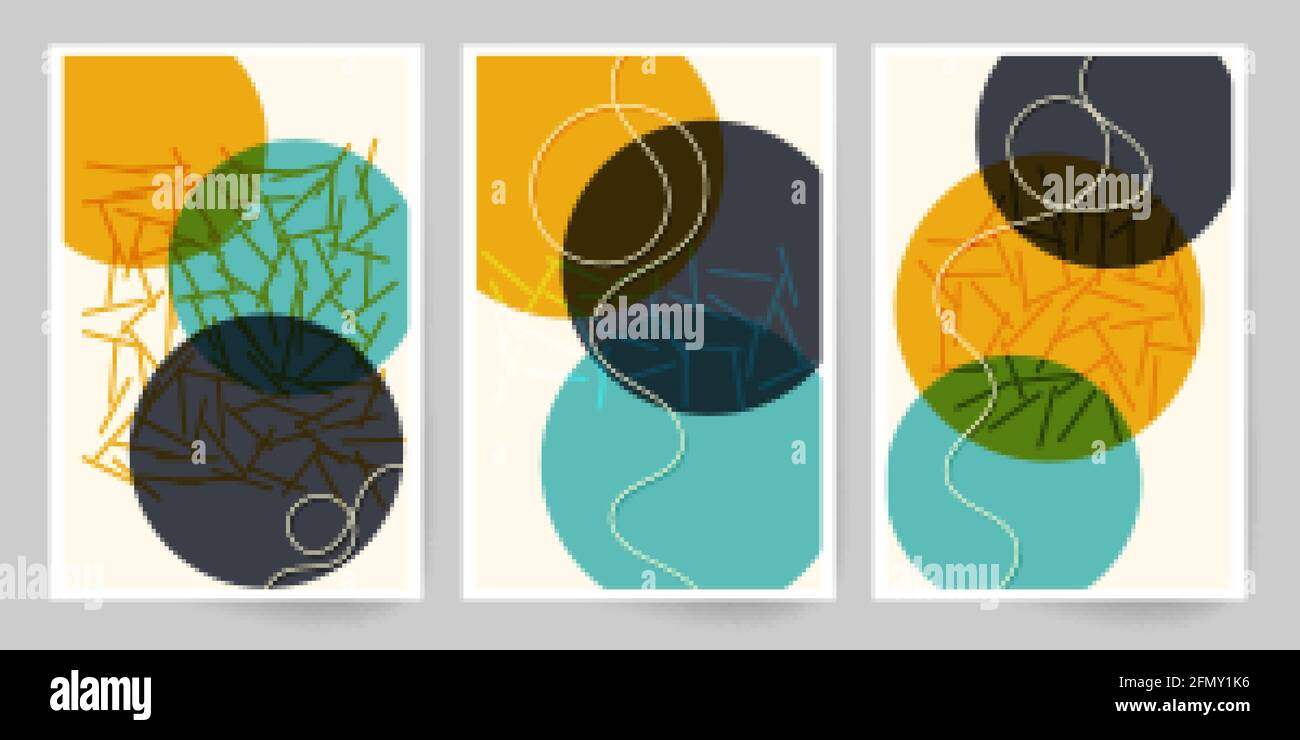 60s art canvas. Set of geometric shapes and lines. Imitation watercolor ...