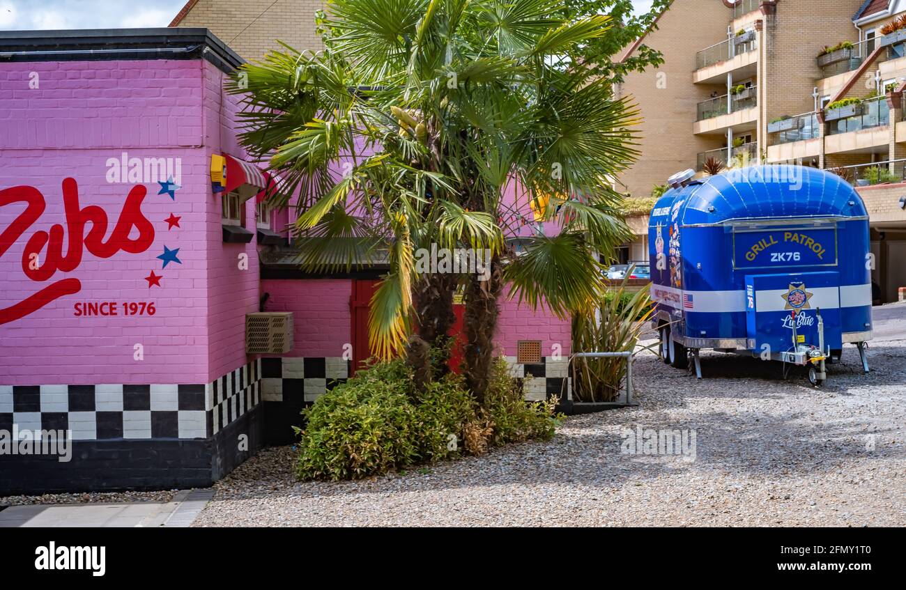 Norwich, Norfolk, UK – May 11 2021. Zaks’ traditional mobile burger van ...