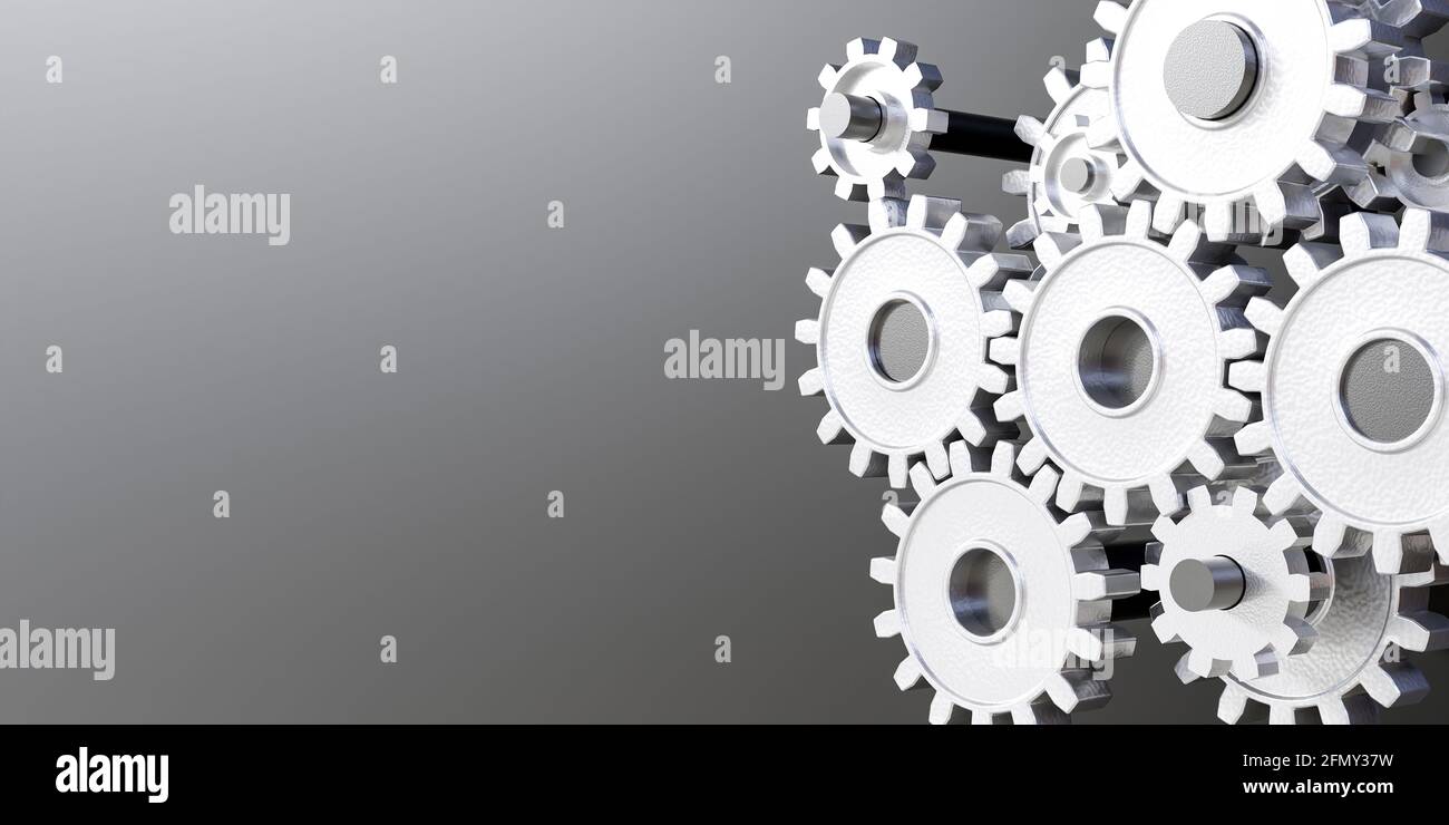 3D rendering of gears and cogs at work isolated on gray backgro Stock ...