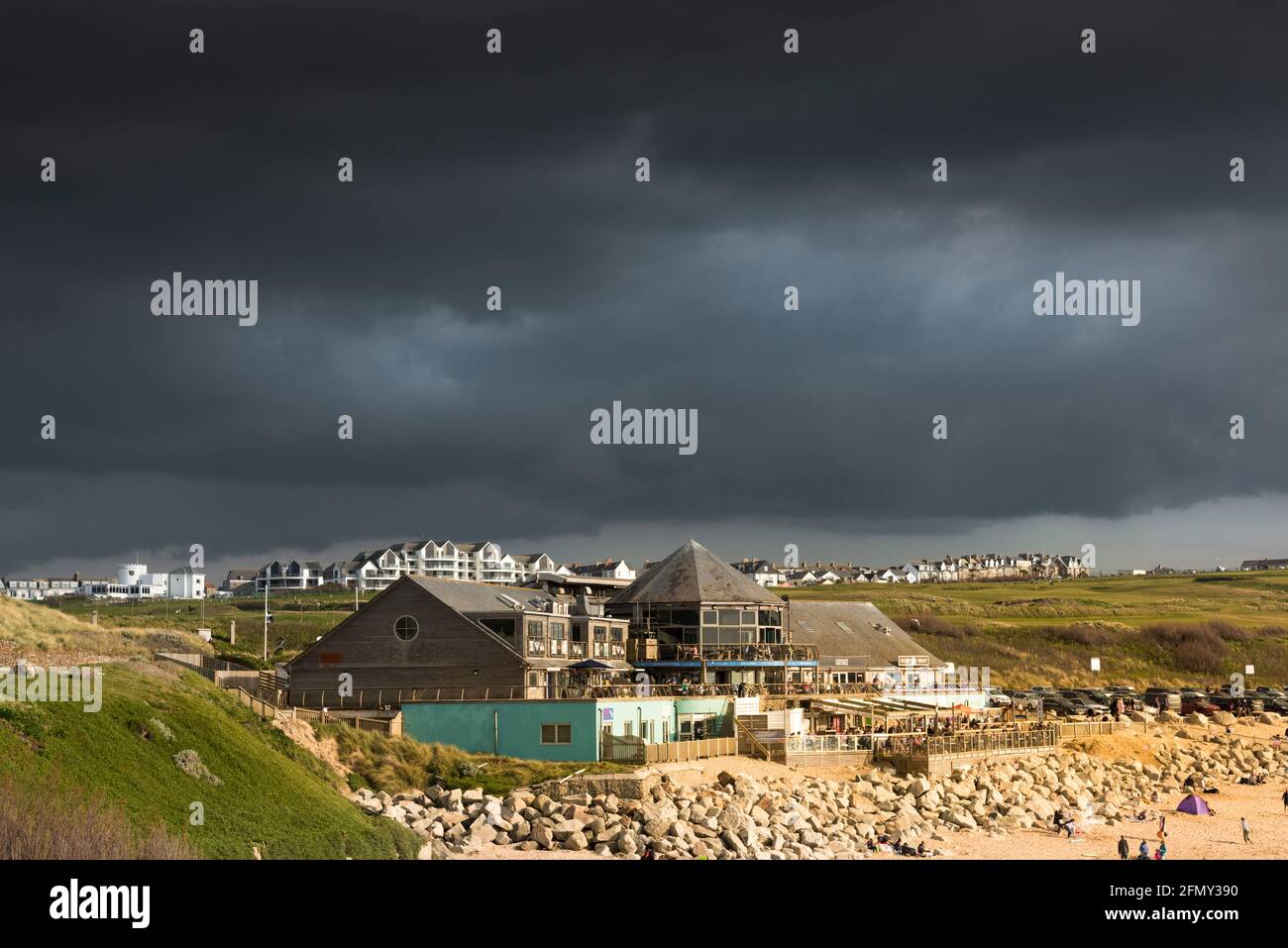 Dark heavy brooding rainclouds gathering over Fistral in Newquay in ...