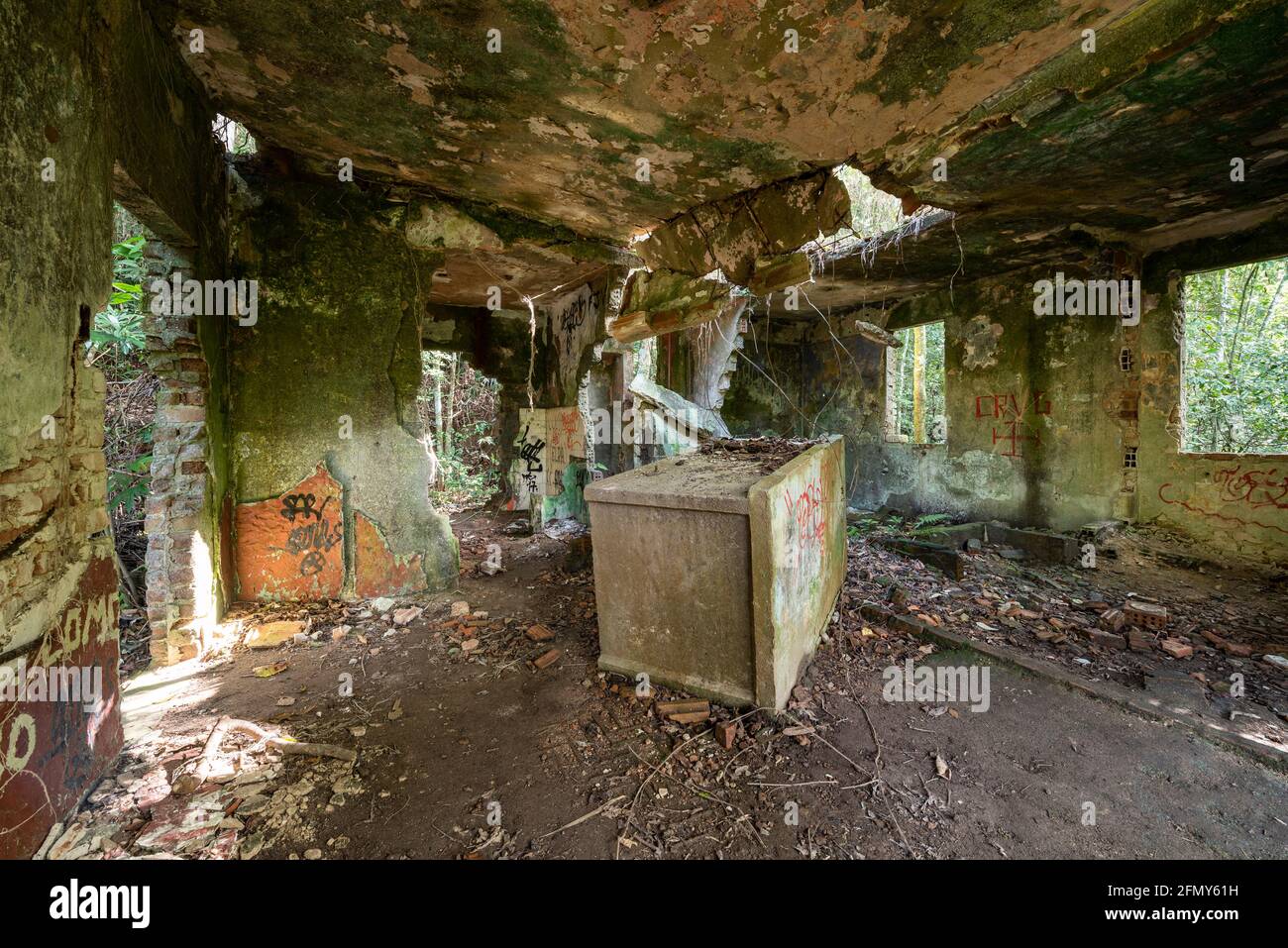 View to ruins of old house falling to pieces on green rainforest Stock ...