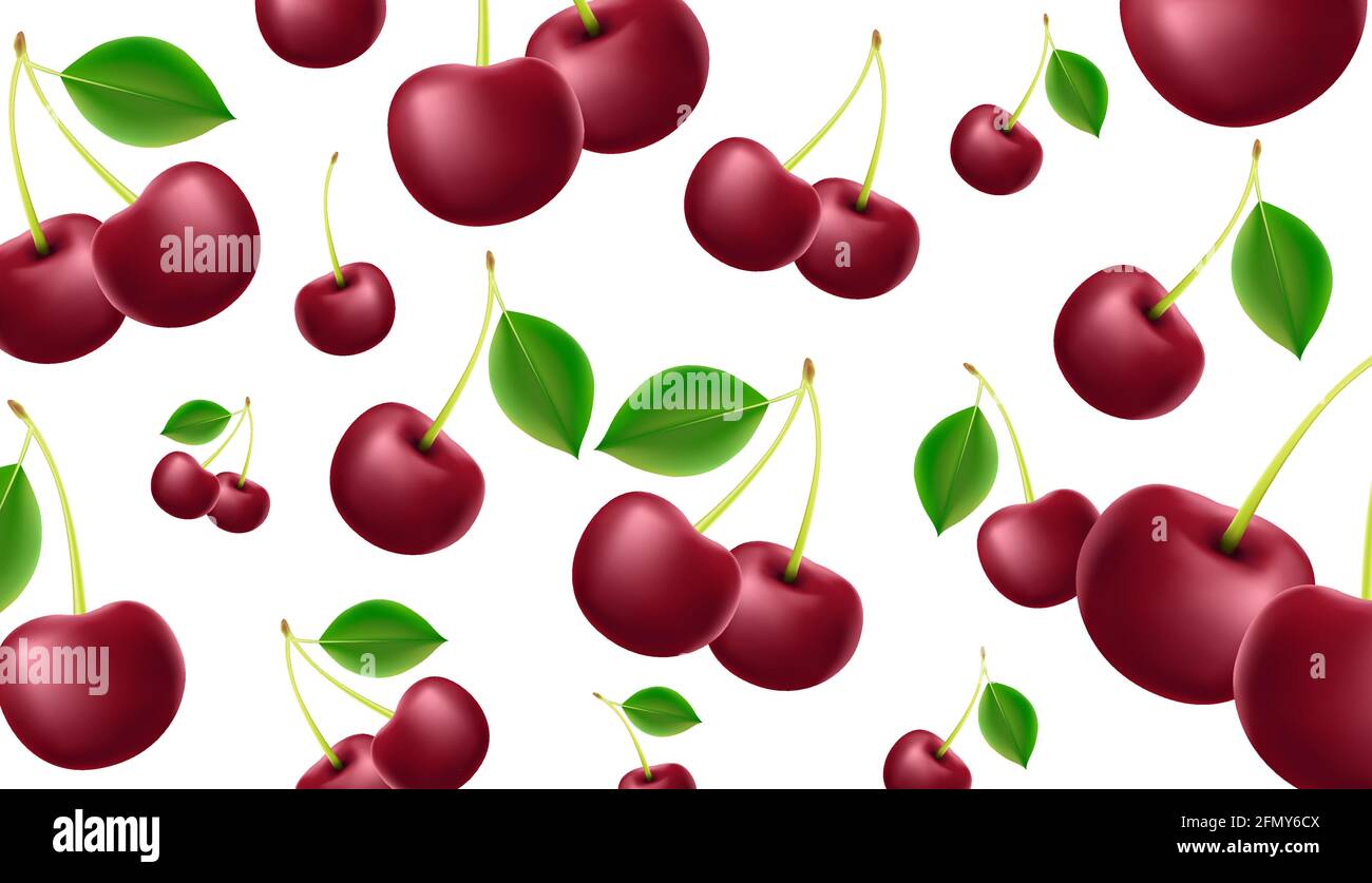 Background pattern with red 3d cherries illustration with leaves on ...