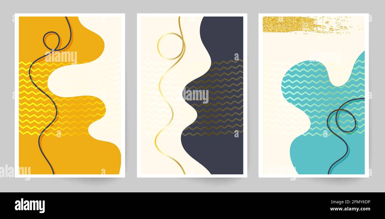 60s art canvas. Set of geometric shapes and lines. Imitation watercolor ...