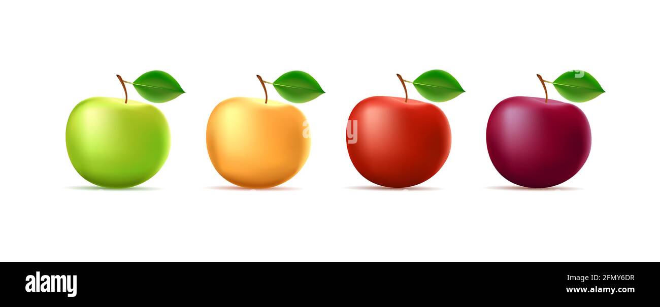 Set of 3d illustrations of apple in four different colors with leaf ...