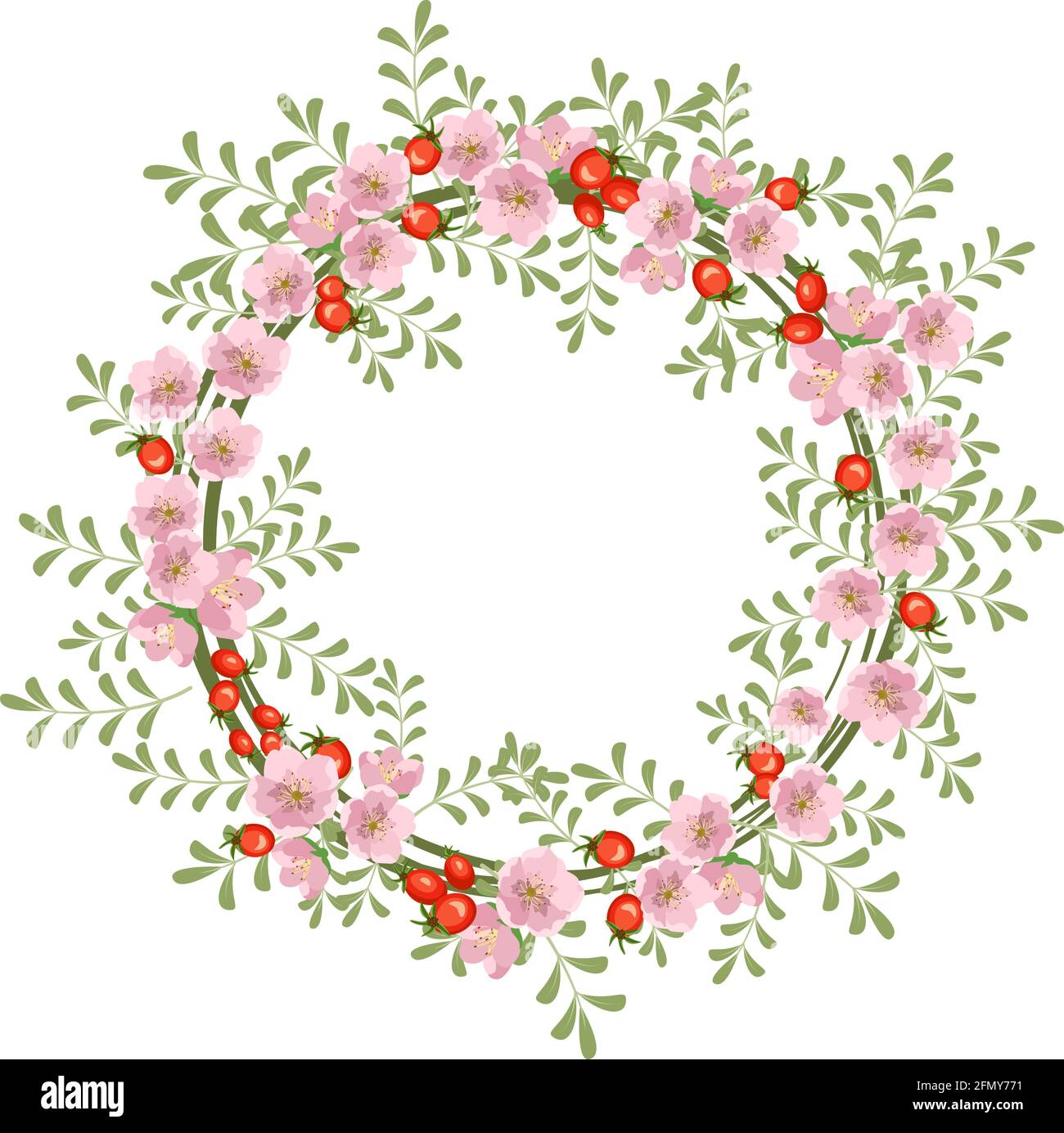 Rosehip wreath. Round frame, cute pink flowers rose red fruits and ...