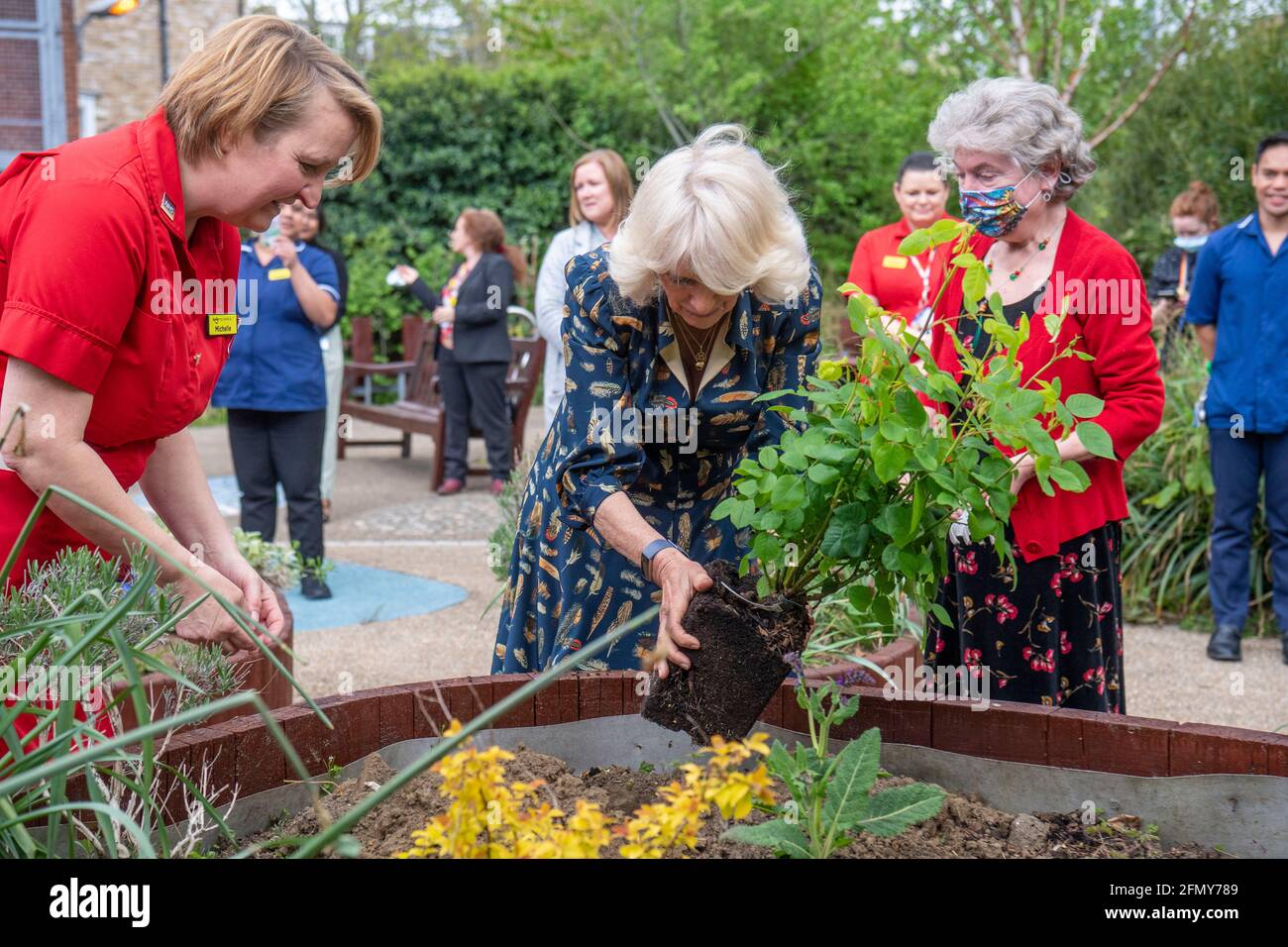 The Duchess of Cornwall helps to plant a shrub with Kate Green (right ...