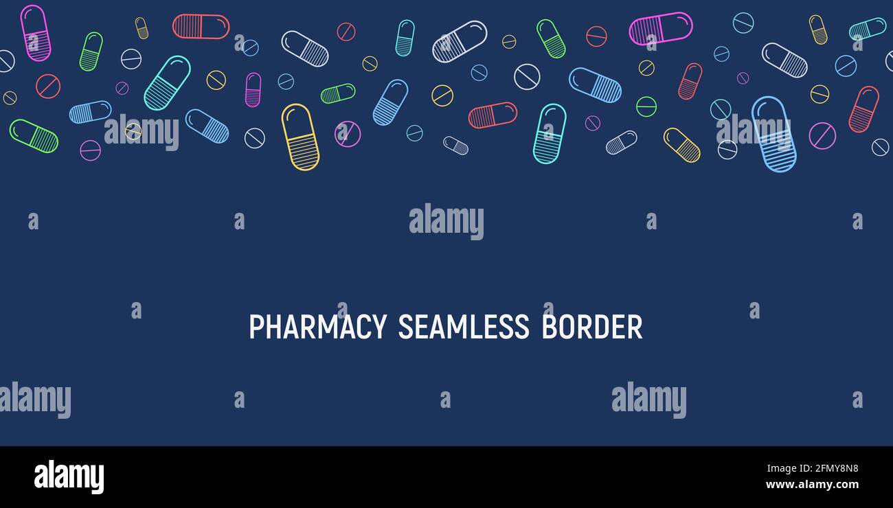 Seamless horizontal border vector pattern with outline colored pills ...