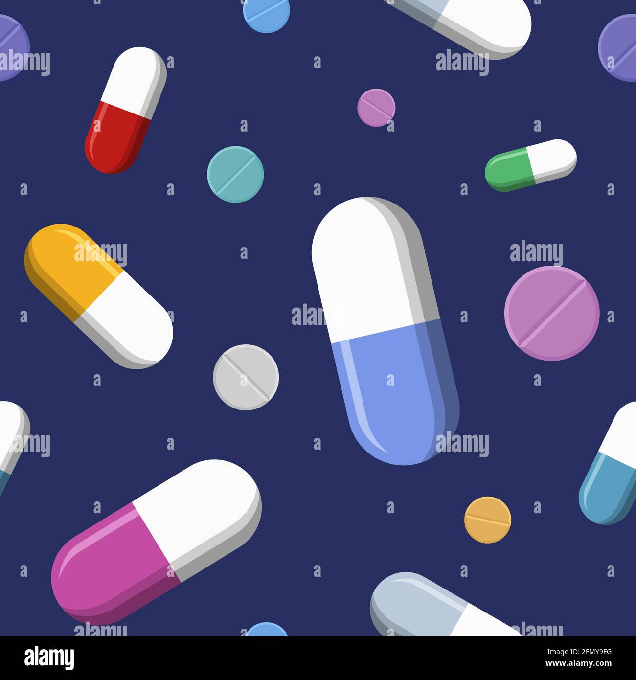 Vector seamless pattern with colored pills, tablets, isolated on dark ...
