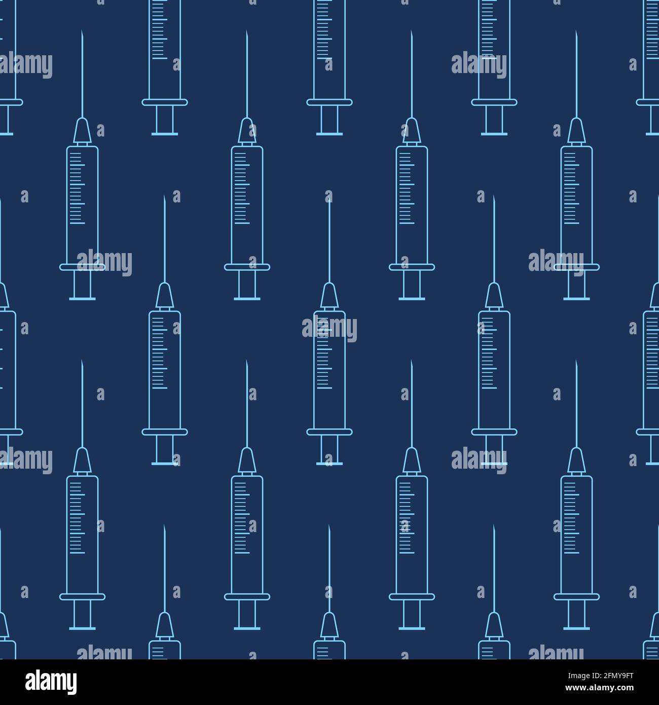 Seamless pattern of light blue medical syringes, isolated on blue ...