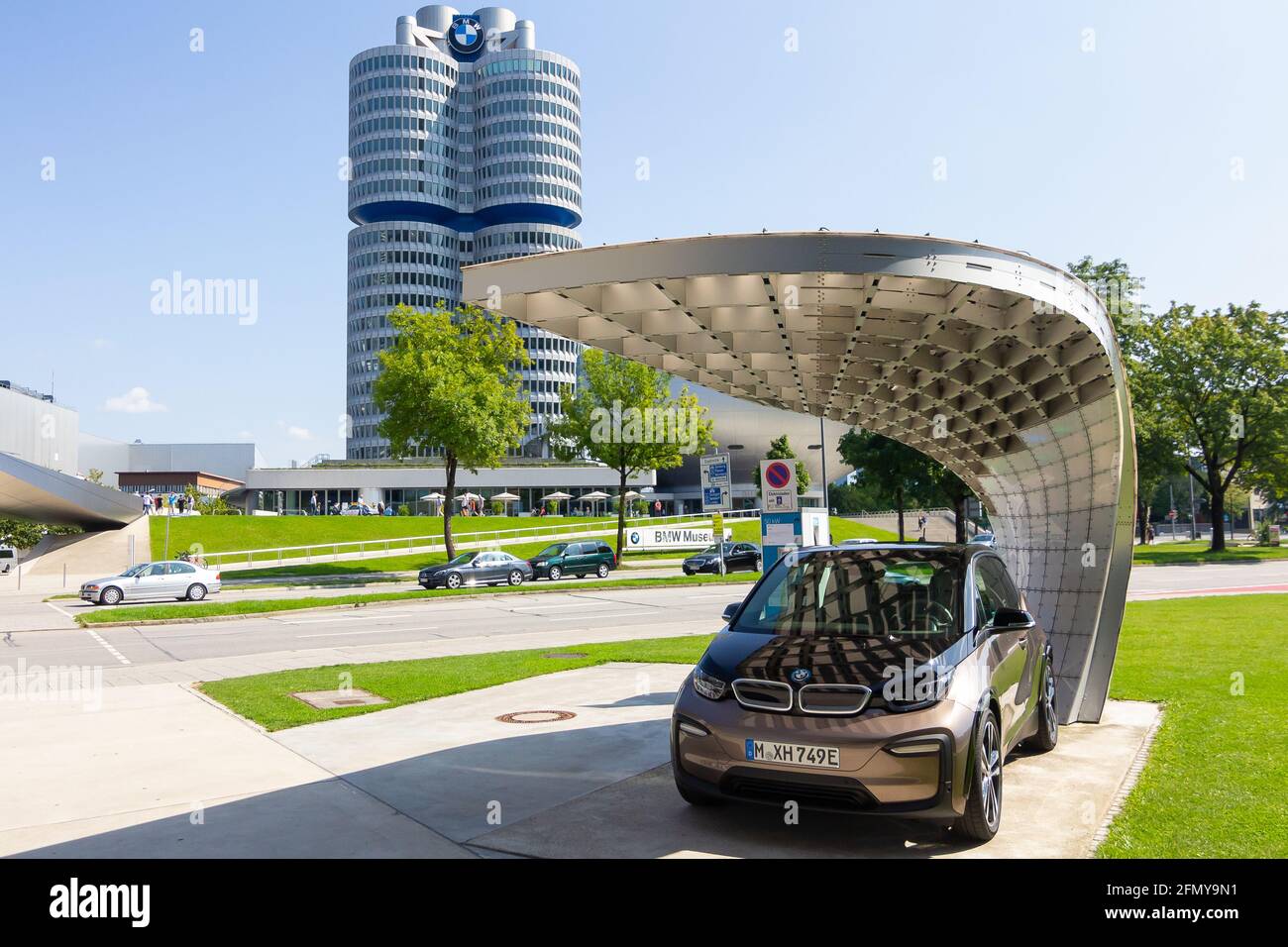 BMW i3 electric car charging in the street near BMW headquarter, May ...