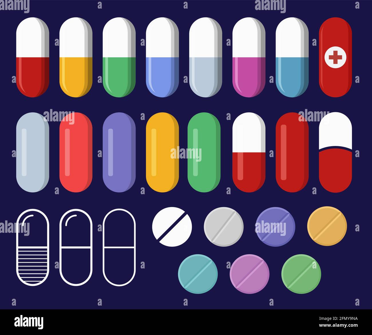 Set of pills and tablets. Capsules of different colors. Medicine pills ...